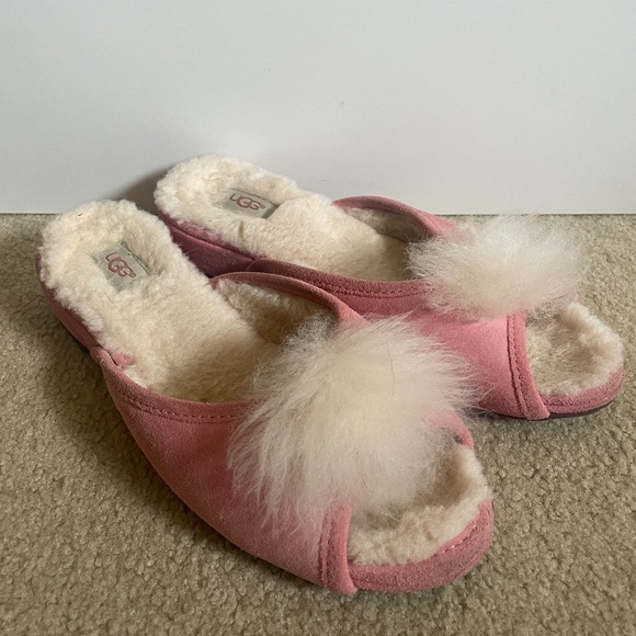UGG | Shoes | Pink And White Puff Ugg Slippers | Poshmark